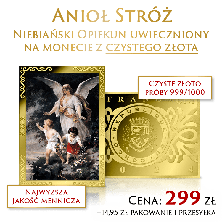 Anioł Stróż na monecie wybitej w 24-karatowym złocie